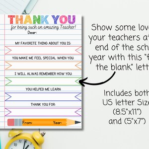Printable Teacher Thank You Letter: Fill-in Student Gift (PDF) - Etsy