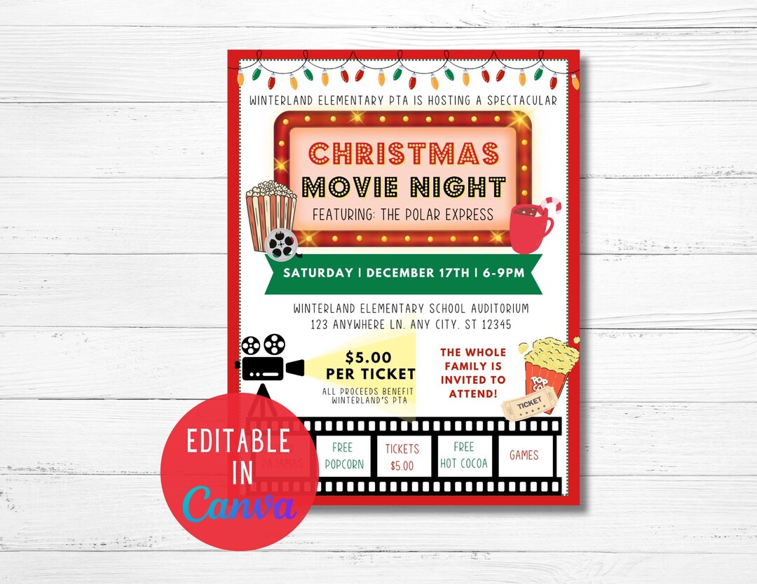 Christmas Movie Night Flyer Template: Editable Canva PTA PTO (digital ...