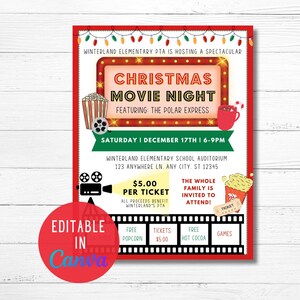 Christmas Movie Night Flyer Template: Editable Canva PTA PTO (digital ...