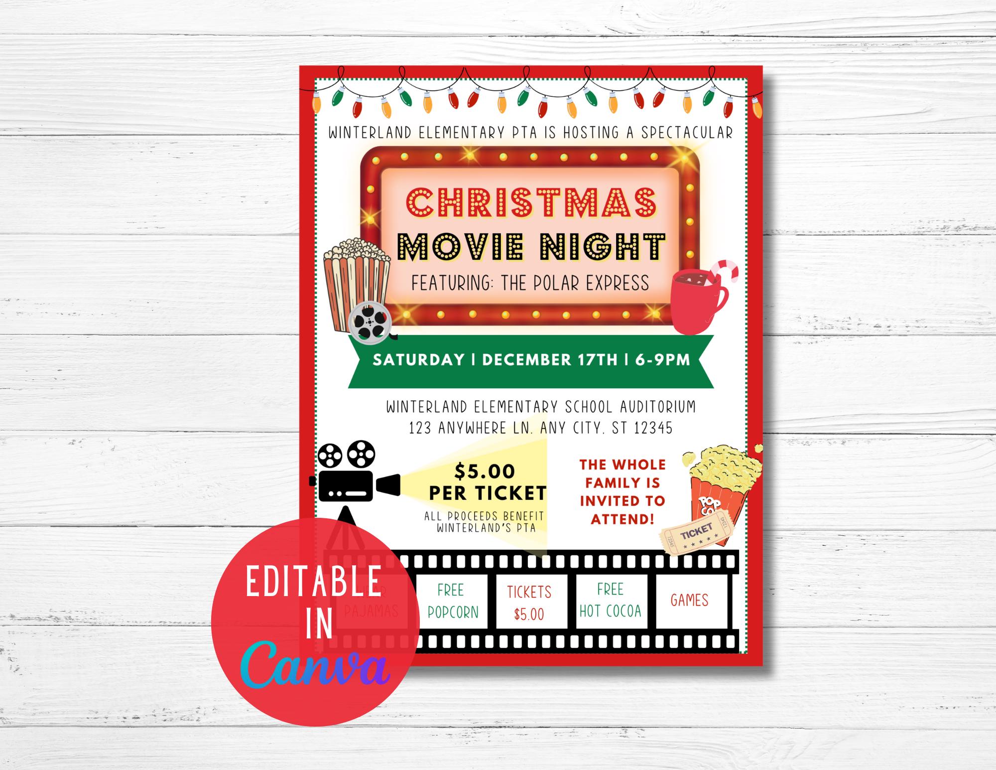 Christmas Movie Night Flyer Template: Editable Canva PTA PTO (digital ...