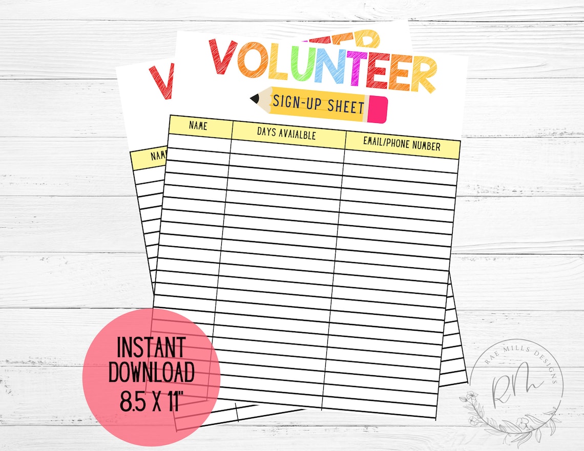 Printable School Volunteer Sign up Sheet (PDF) - Etsy