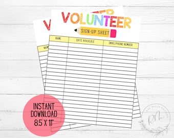 EDITABLE Teacher Volunteer Printable, PTO/PTA Sign up Sheet, Editable ...