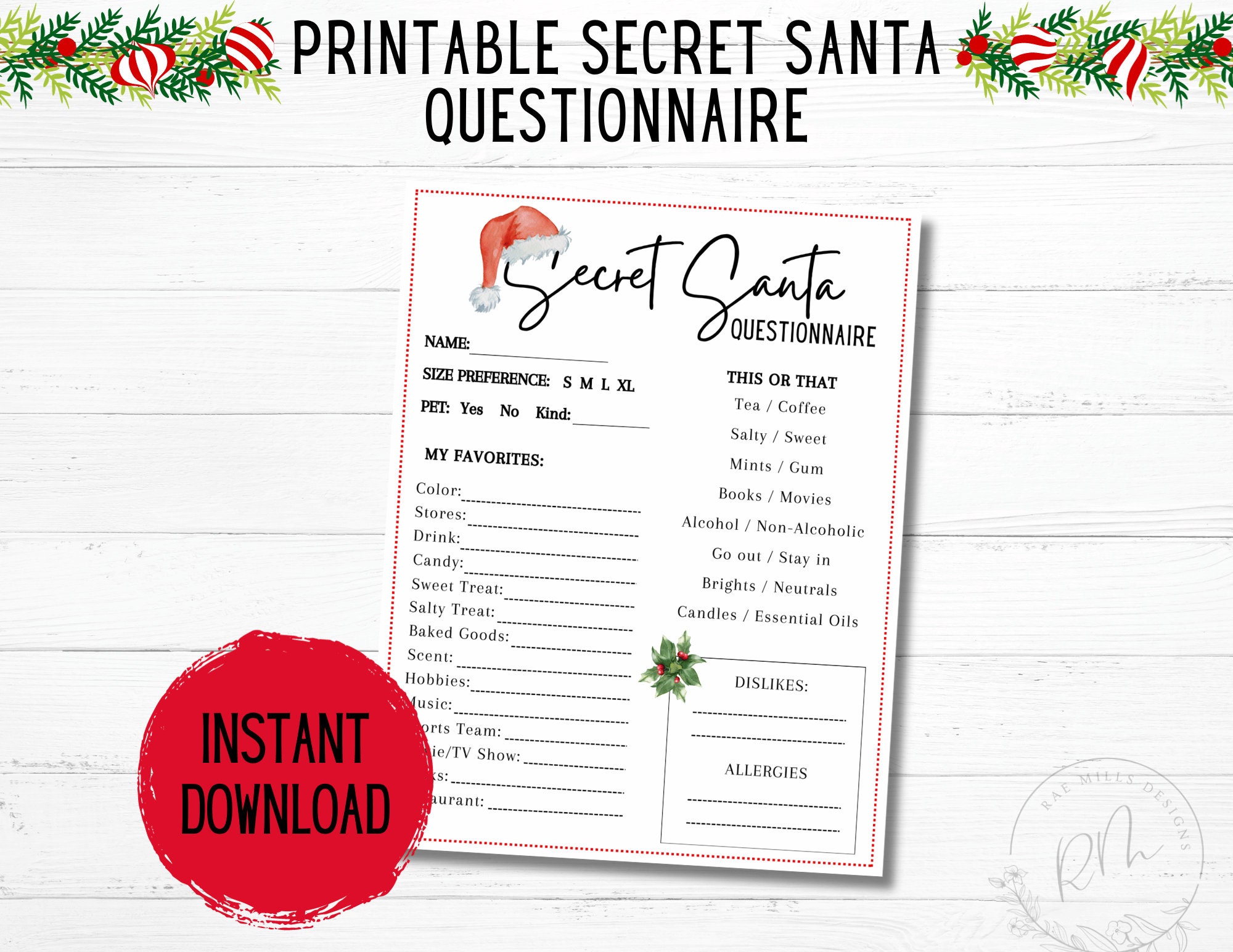 Printable Secret Santa Questionnaire Secret Santa Instant Download - Etsy