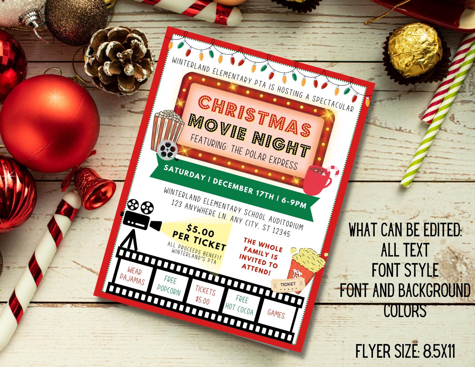 Christmas Movie Night Flyer Template: Editable Canva PTA PTO (digital ...