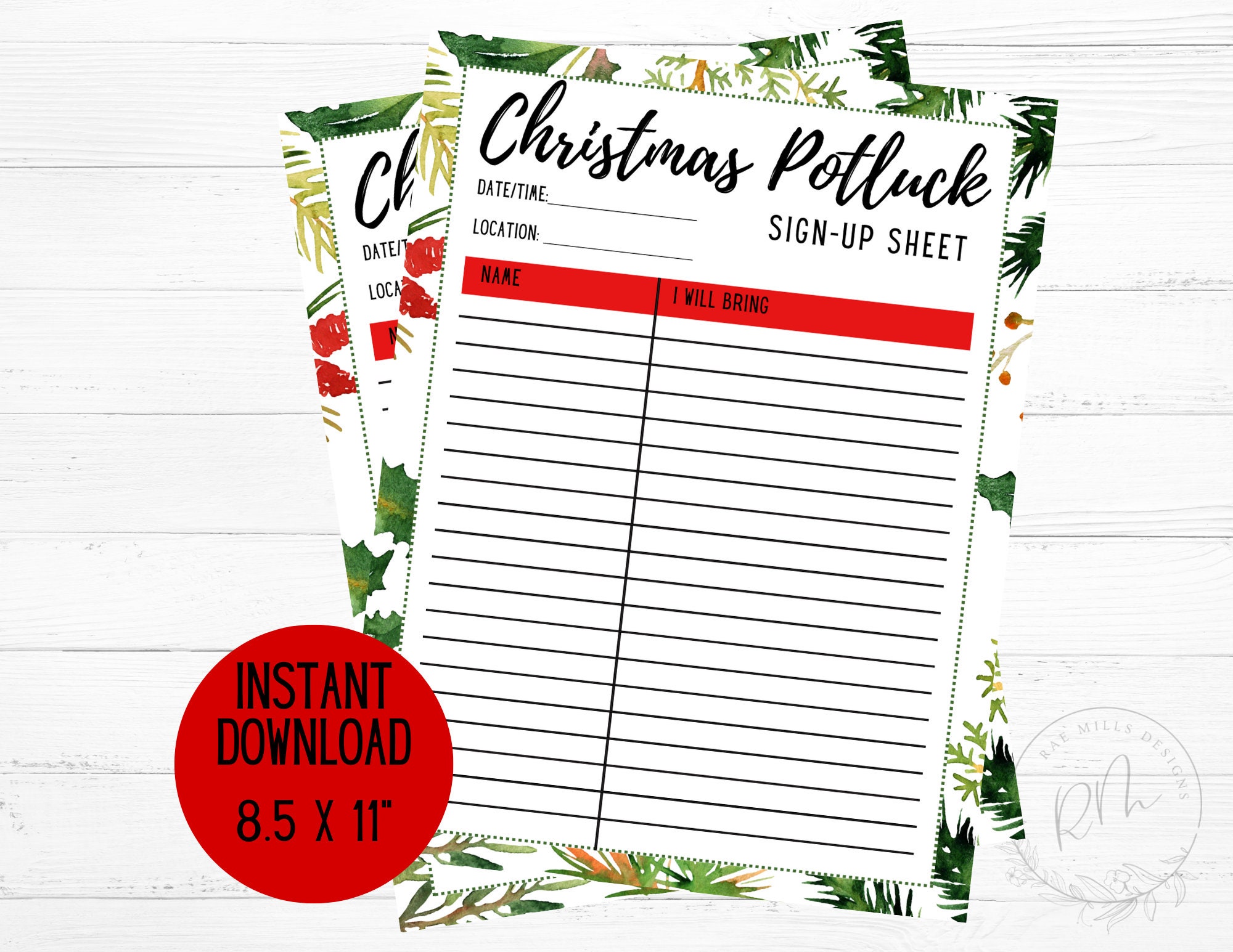 Printable Christmas Potluck Sign up Sheet | Food Sign up Sheet ...
