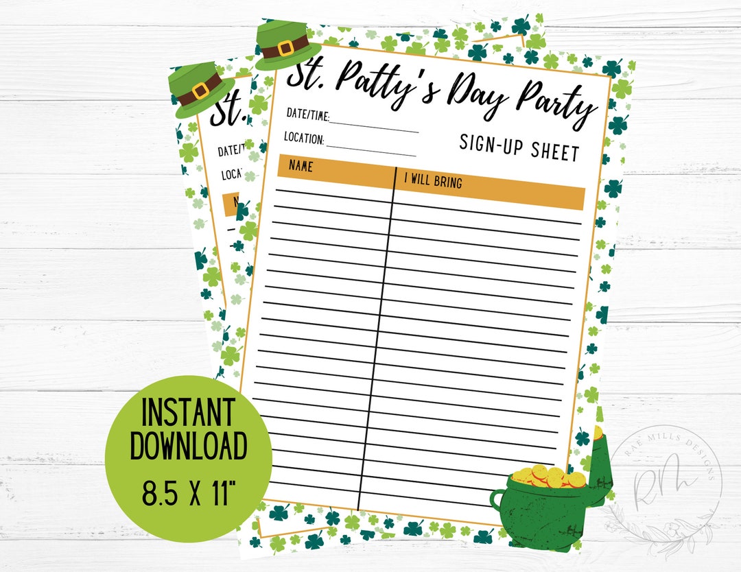 Printable St Patty's Day Party Sign up Sheet | Food Sign-up Sheet ...