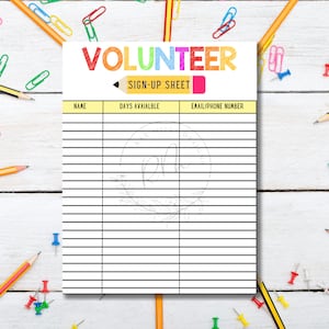 Printable School Volunteer Sign up Sheet (PDF) - Etsy