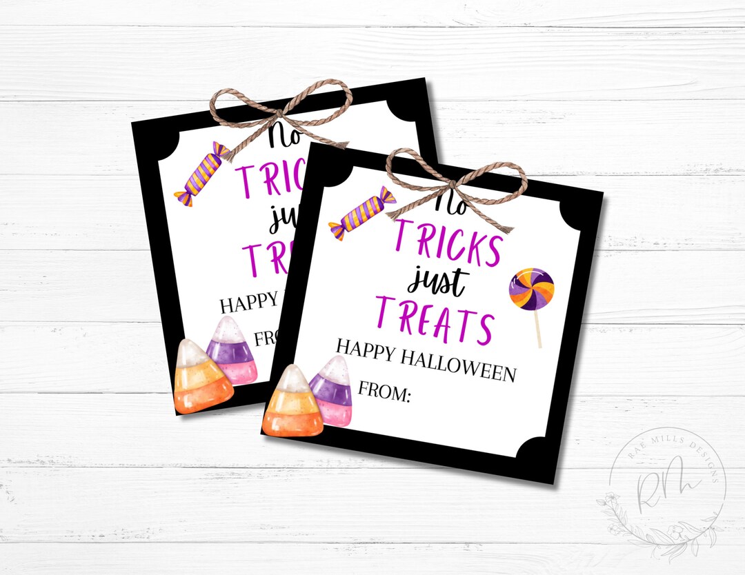 Printable Halloween Gift Tags | No Tricks Just Treats Tag | Goodie Bags ...