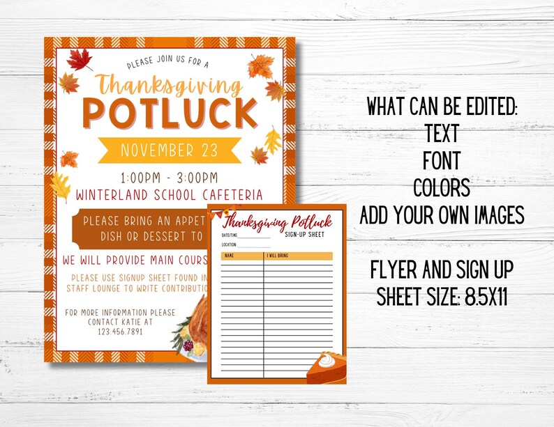 Thanksgiving Potluck Editable Template | Sign up Sheet Template ...