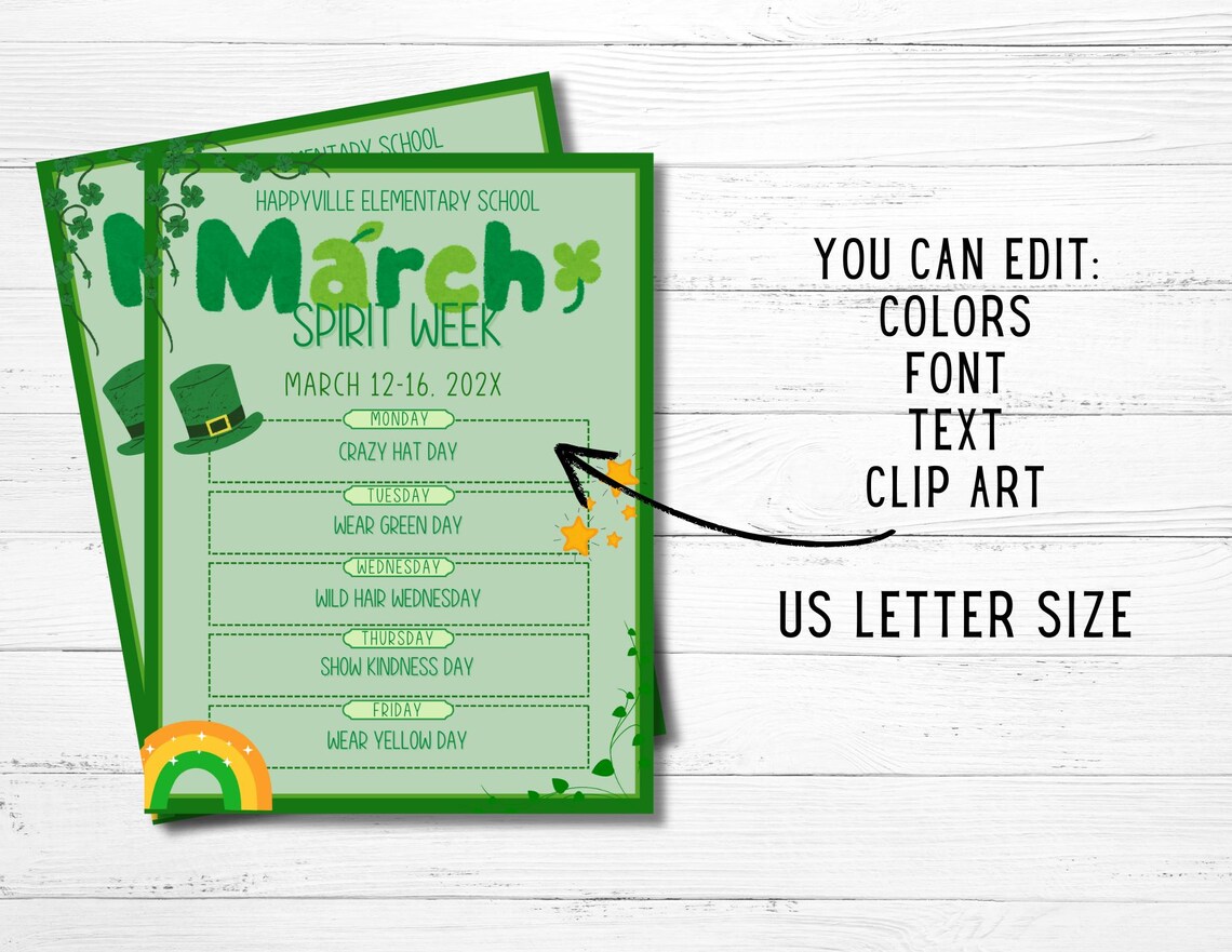 March Spirit Week Editable Template | School Spirit Week Templates ...
