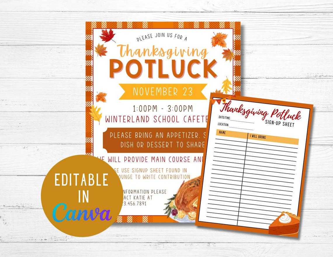 Thanksgiving Potluck Editable Template | Sign up Sheet Template ...