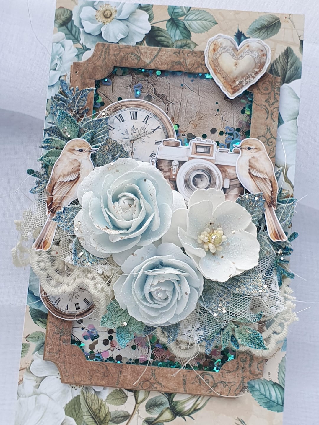 Handmade Greetings Card, With Foam Handmade Flowers, Birds, Retro Style ...