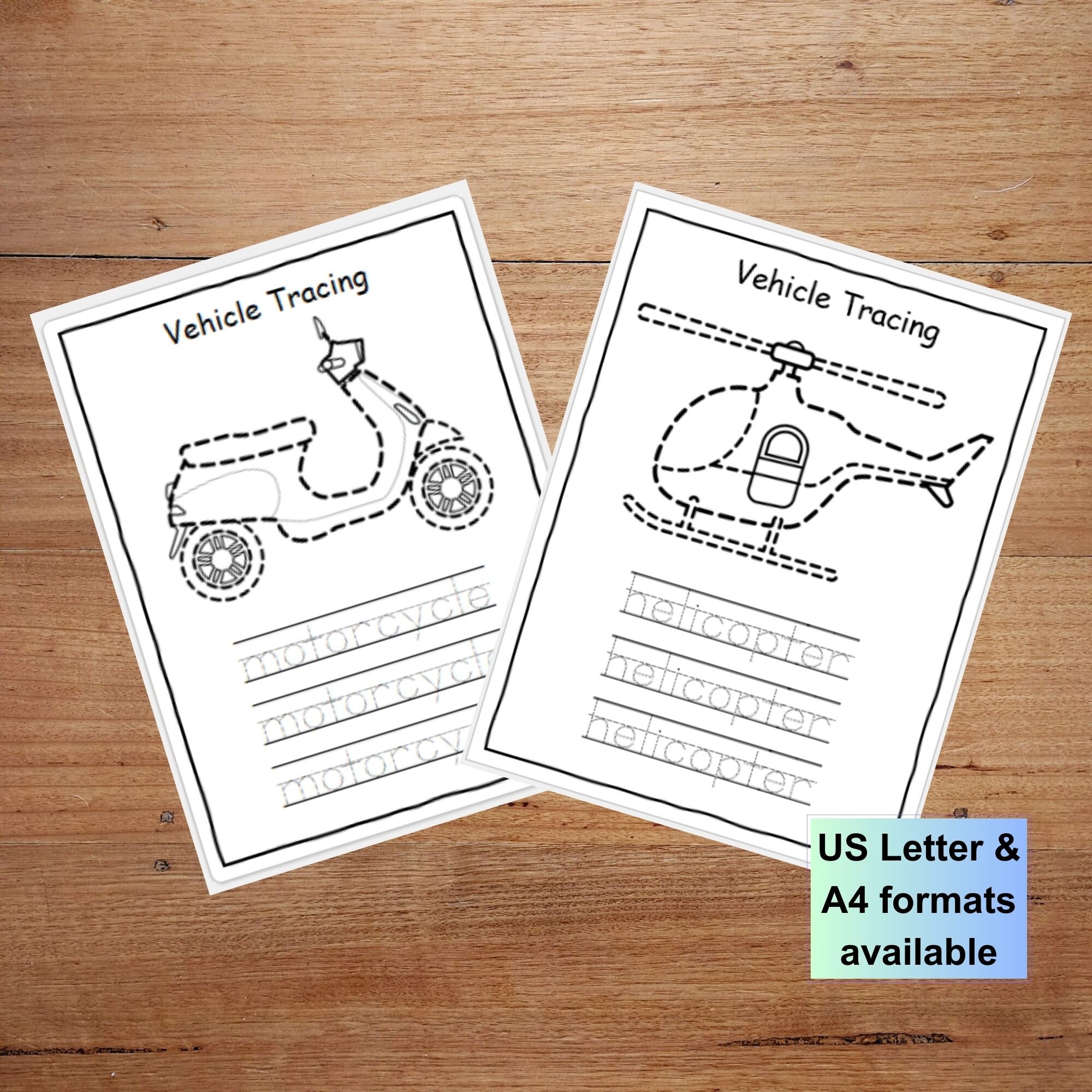 Vehicle Tracing Worksheets: Kids Printable Coloring Activity (digital ...
