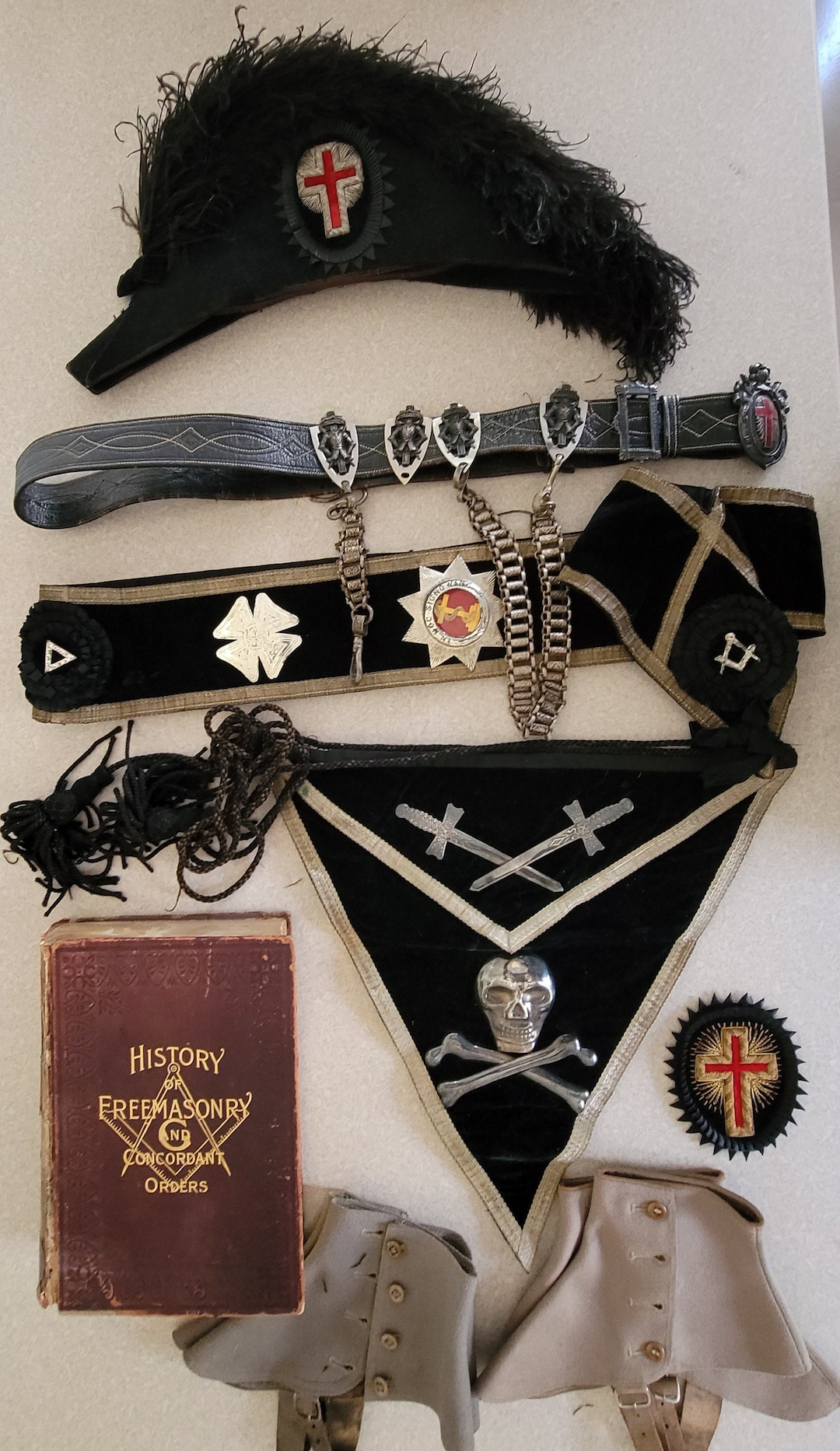 Antique Masonic Uniform Lot Apron Hat Belt Chains Sash Sterling Skull ...
