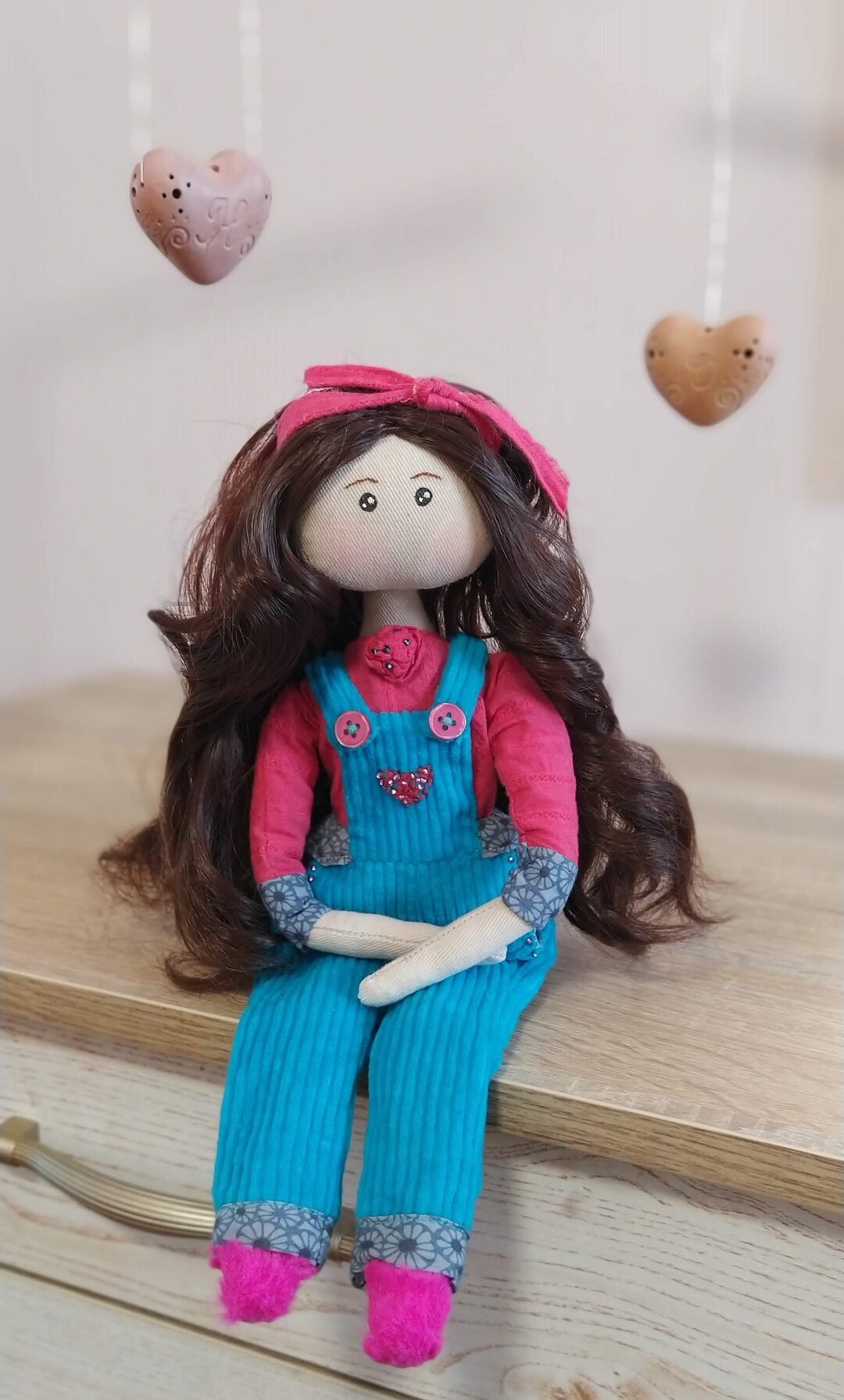 Unique Doll in Turquoise Jumpsuit, Doll Blue Overalls, Curls, Pink ...