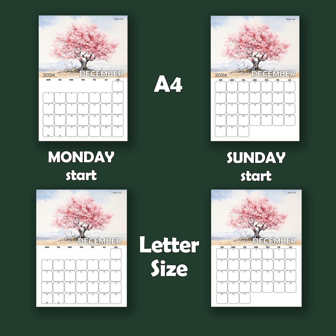 2024 Trees Calendar, Printable A4 and Letter Size, Boxes for Notes ...