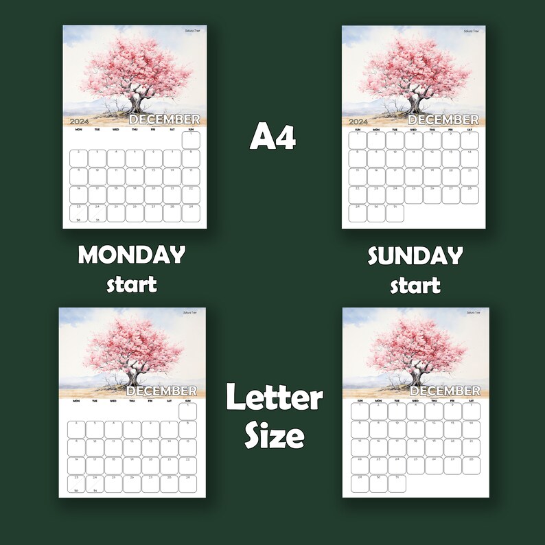 2024 Trees Calendar, Printable A4 and Letter Size, Boxes for Notes ...