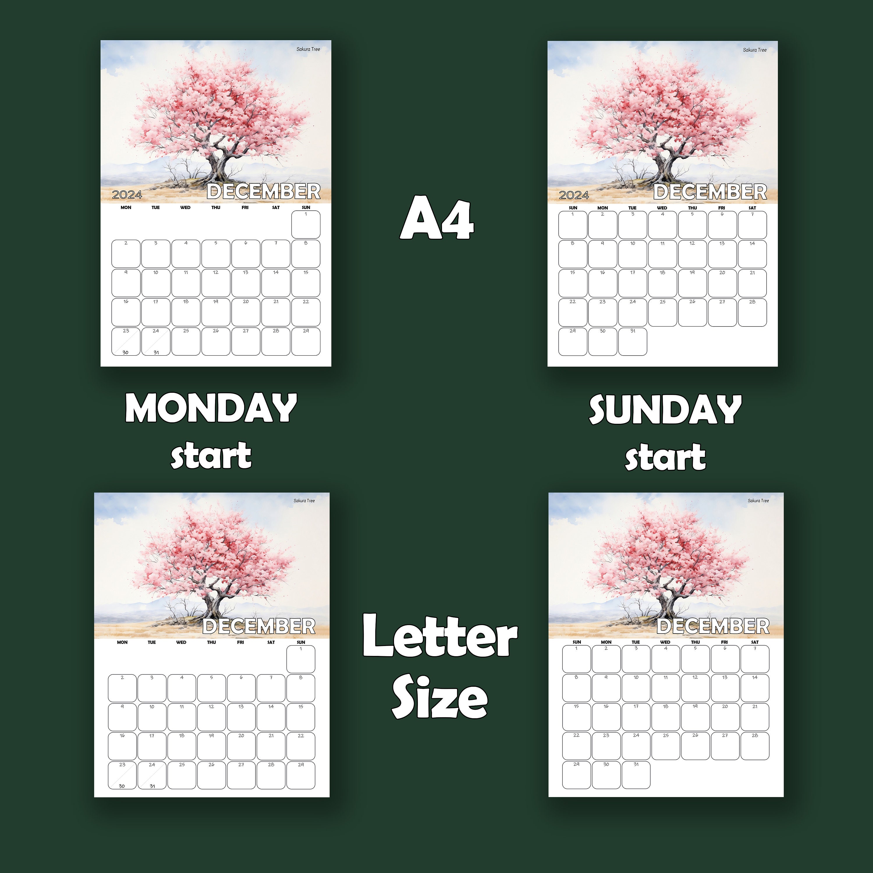 2024 Trees Calendar, Printable A4 and Letter Size, Boxes for Notes ...