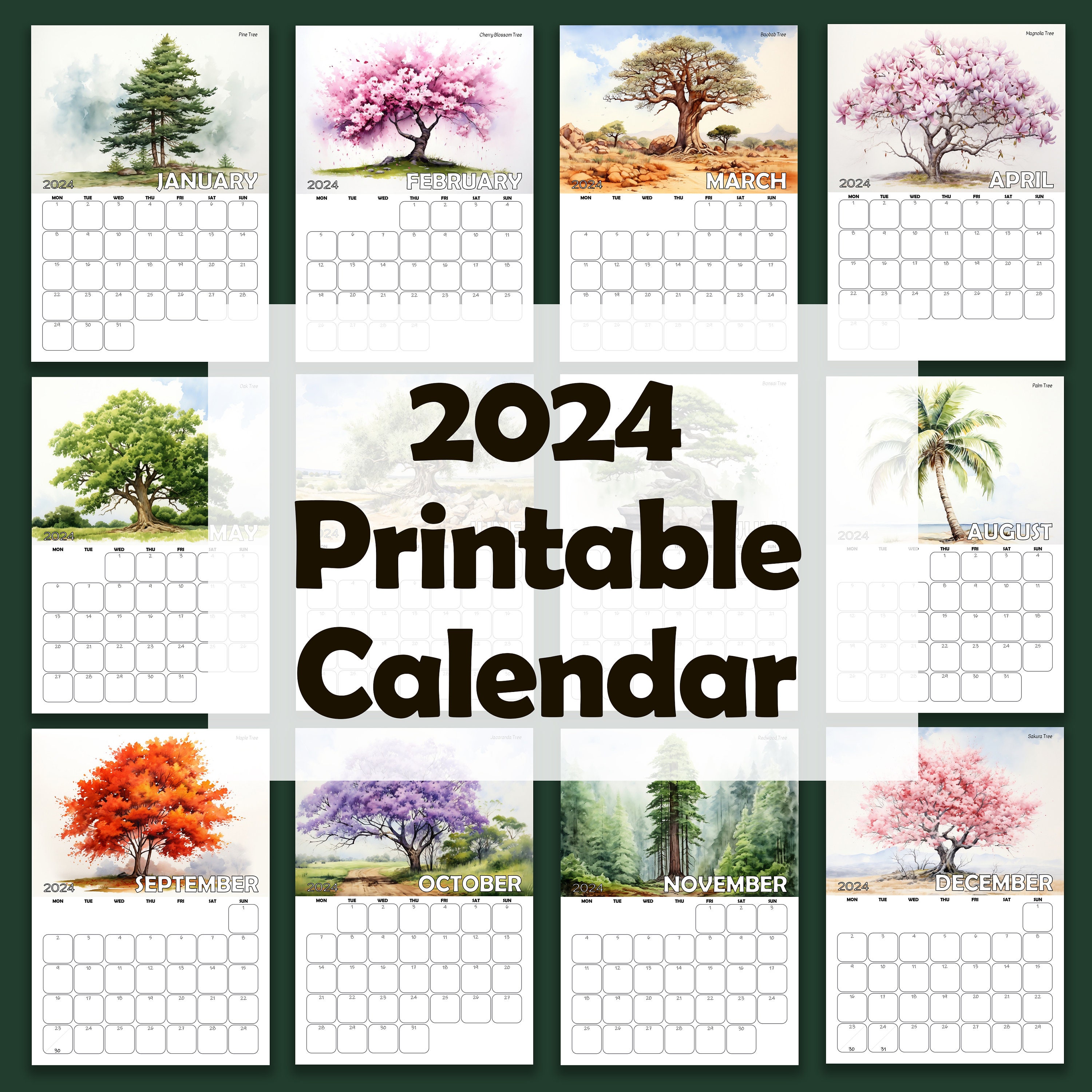 2024 Trees Calendar, Printable A4 and Letter Size, Boxes for Notes ...