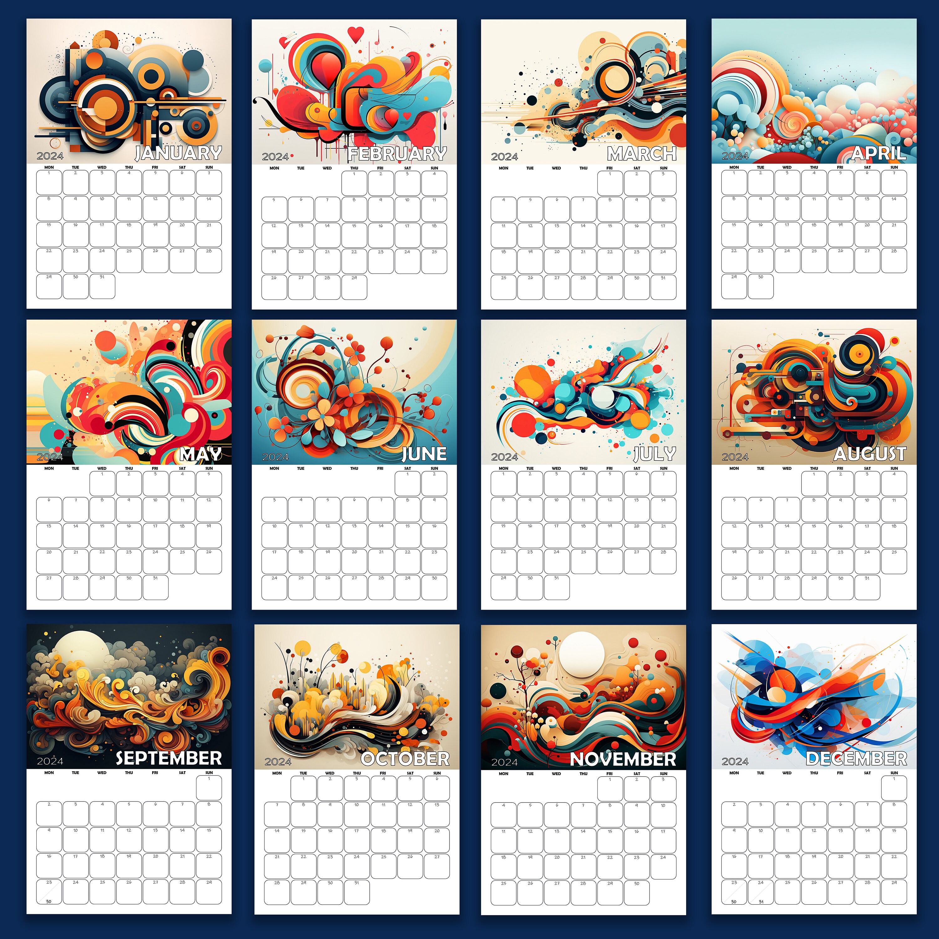 2024 Abstract Monthly Calendar Printable A4 and Letter Size - Etsy