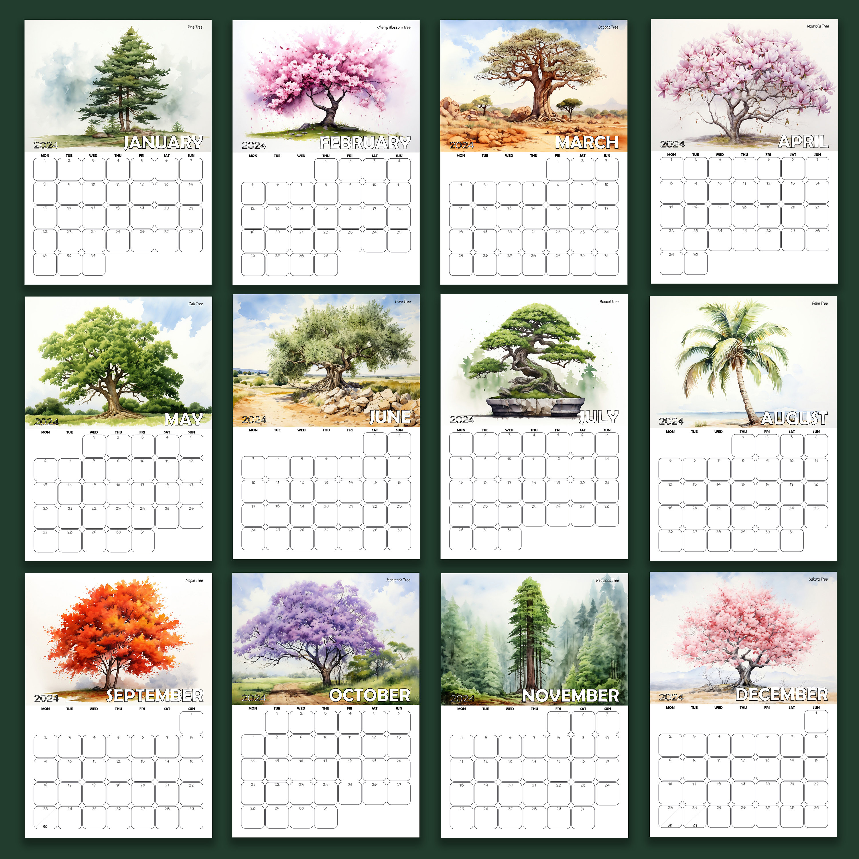 2024 Trees Calendar, Printable A4 and Letter Size, Boxes for Notes ...
