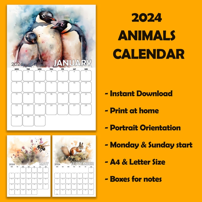 2024 Animals Calendar Printable A4 and Letter Size Boxes for - Etsy ...