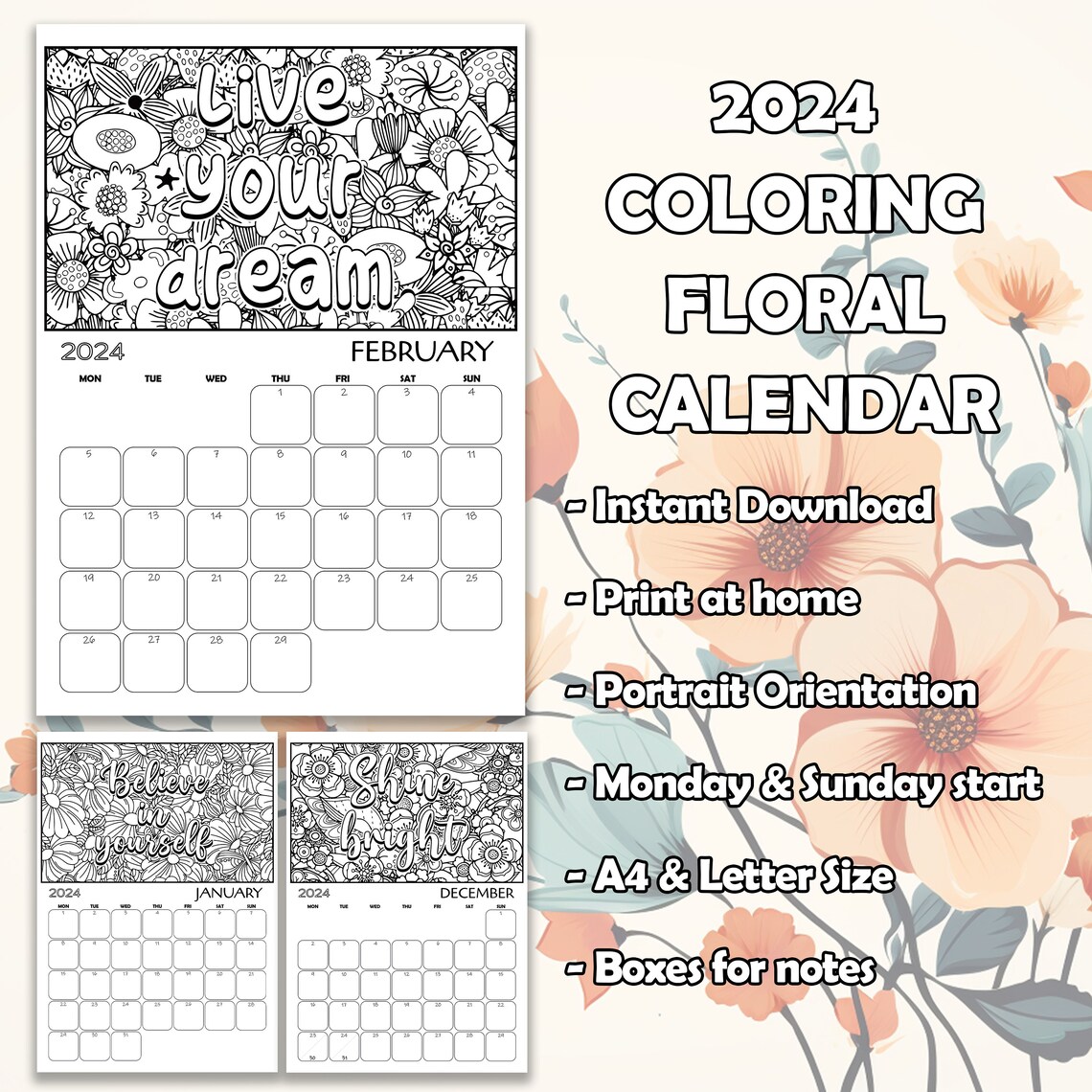 2024 Coloring Floral Monthly Calendar With Quotes Printable - Etsy