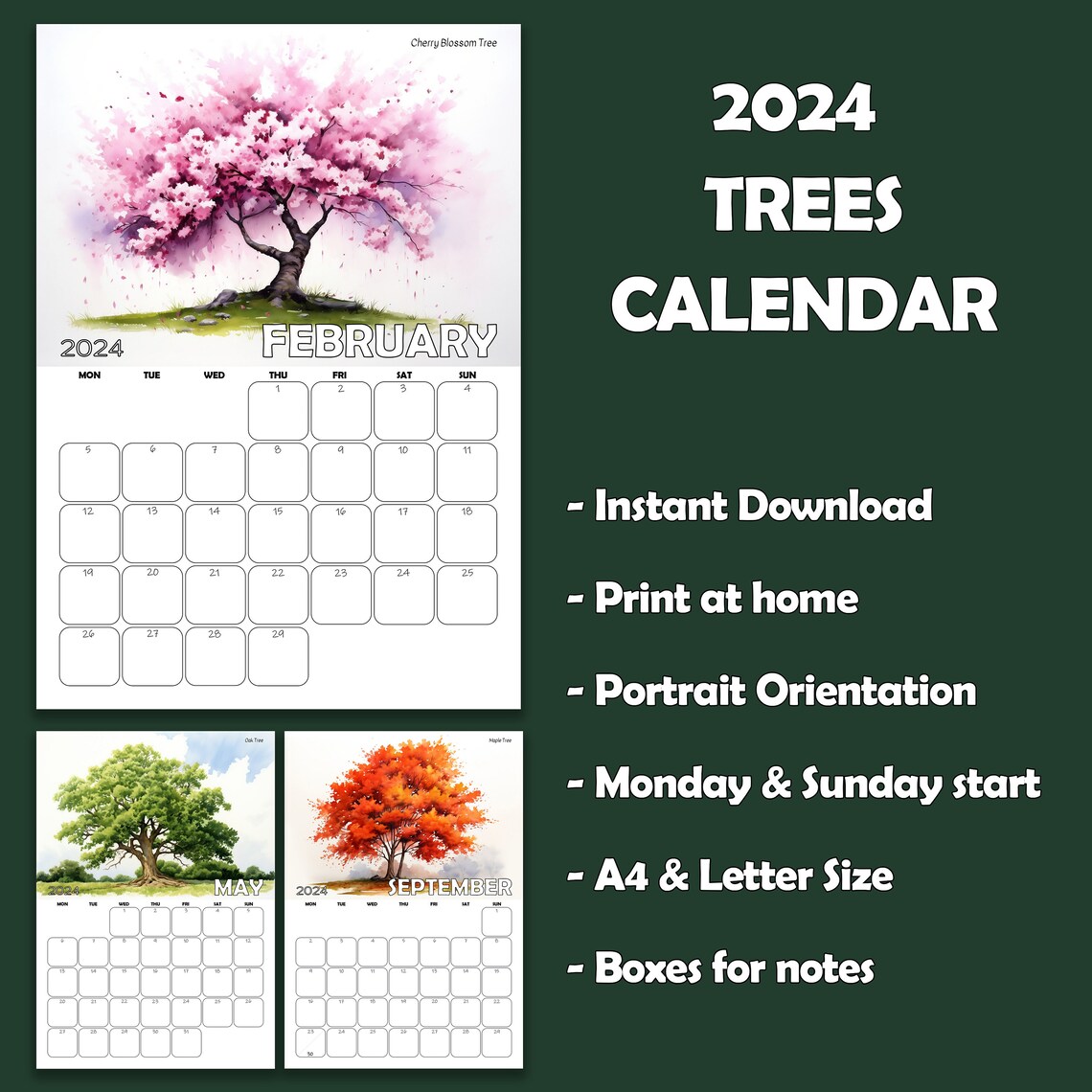 2024 Trees Calendar, Printable A4 and Letter Size, Boxes for Notes ...