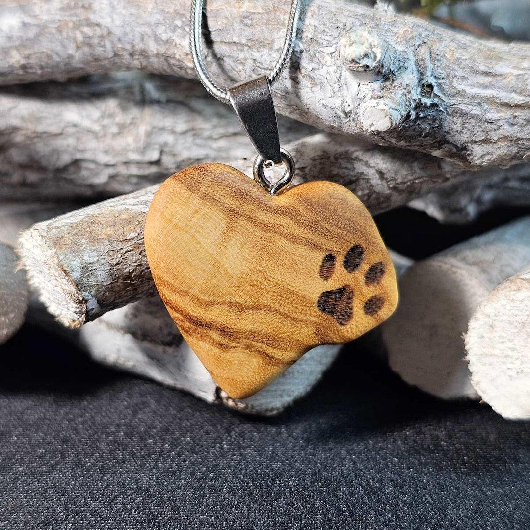 Olive Wood Heart Pendant With Dog Paw Engraving – Handmade Natural ...