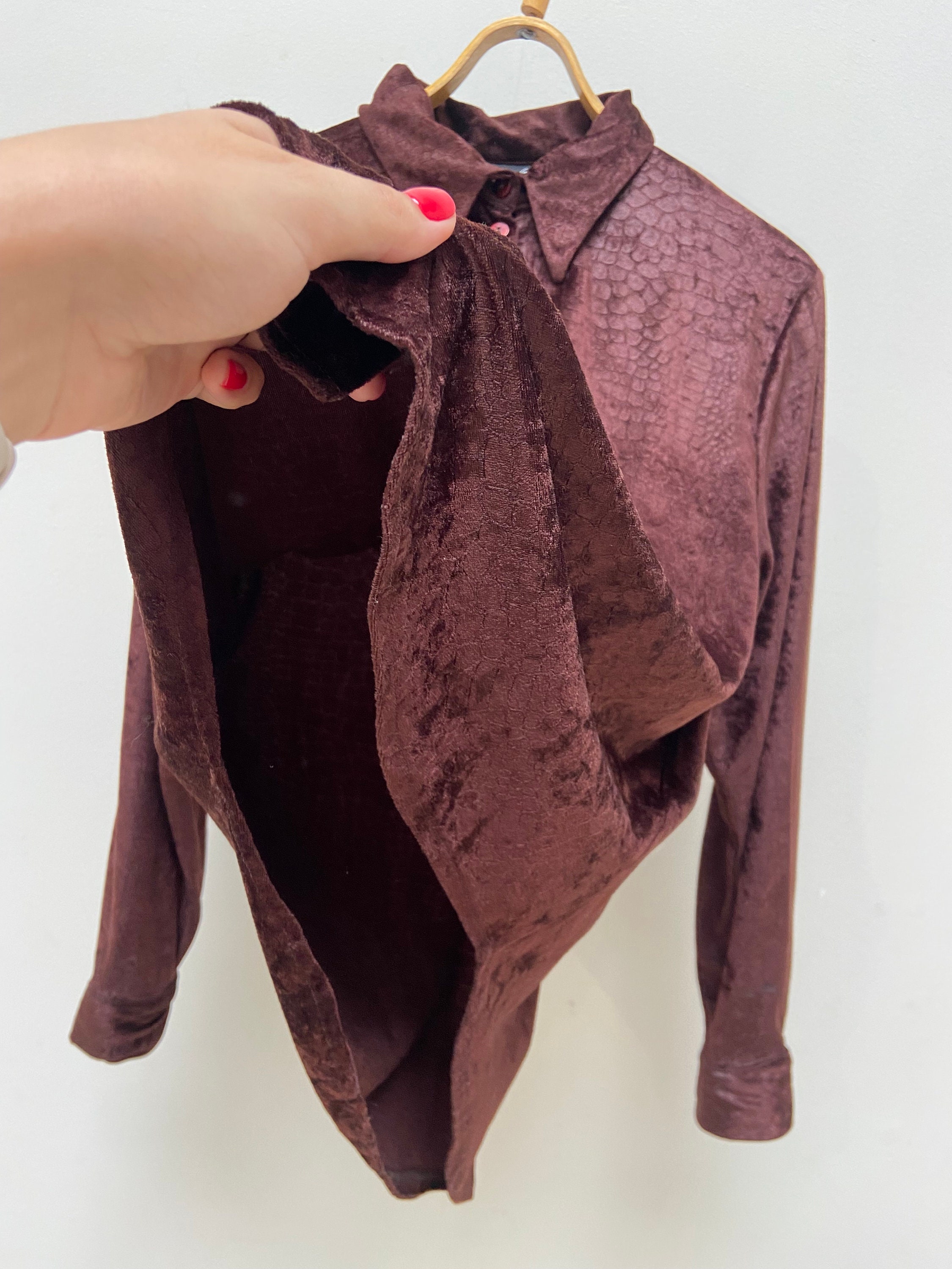 Vintage Brown Velvet Top Women Brown Crocodile Print Shirt Women Brown ...