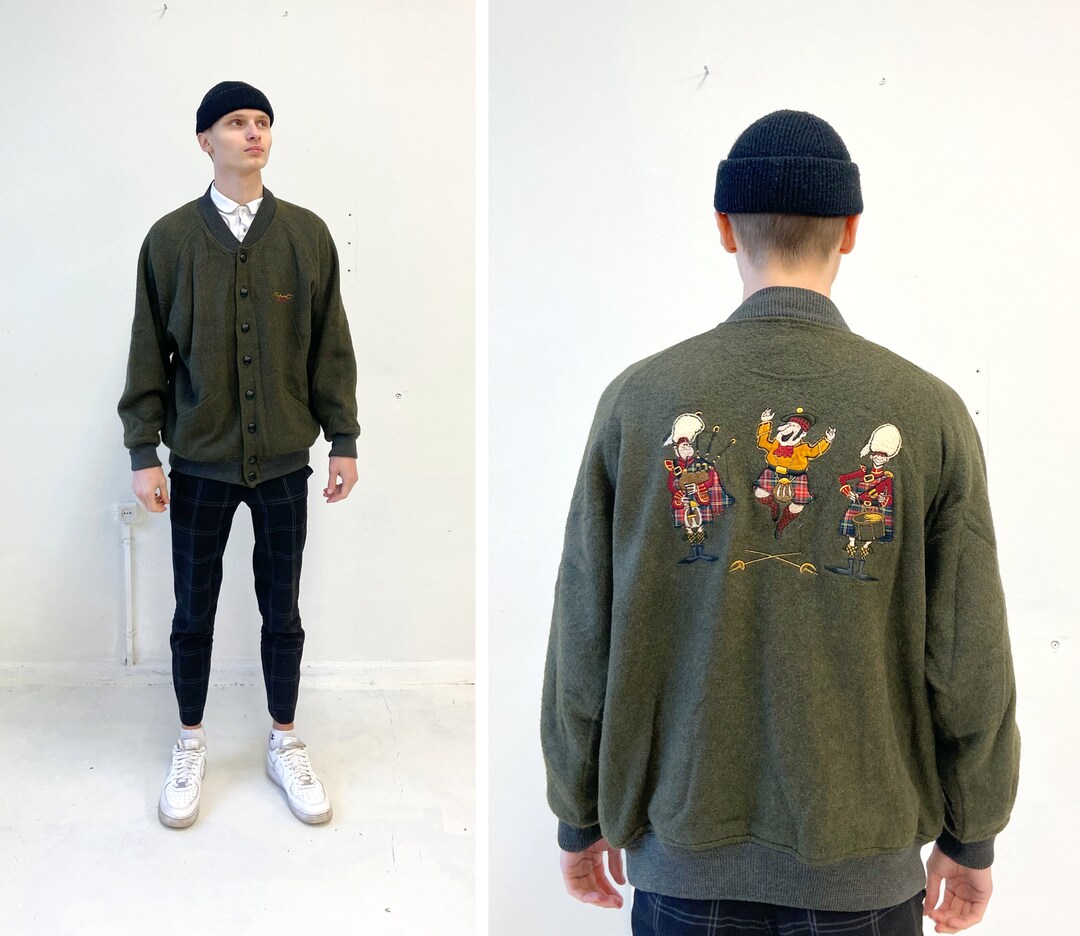 Vintage Wool Jacket Mens Wool Bomber Jacket Green Wool Jacket Scottish ...