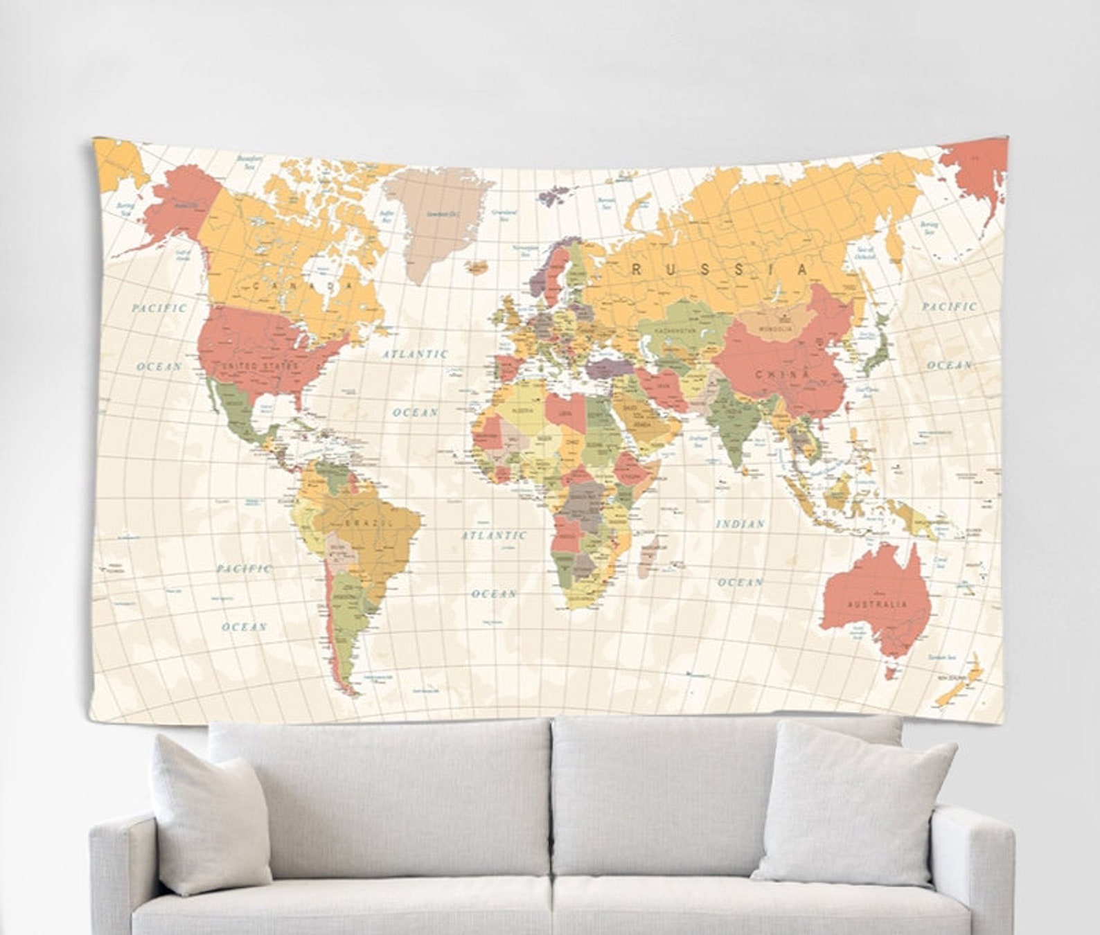 World Map Tapestry Political Map Of The World Wall Hanging Etsy