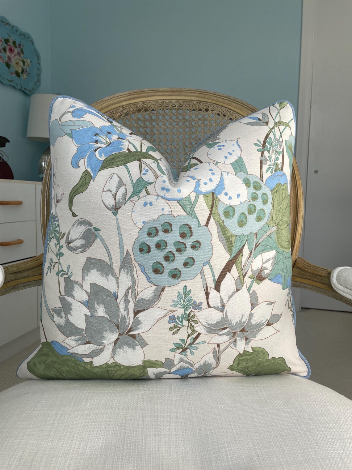 Lotus Garden in Spa One Sided Floral Pillow Cover Linen Cotton Blend ...