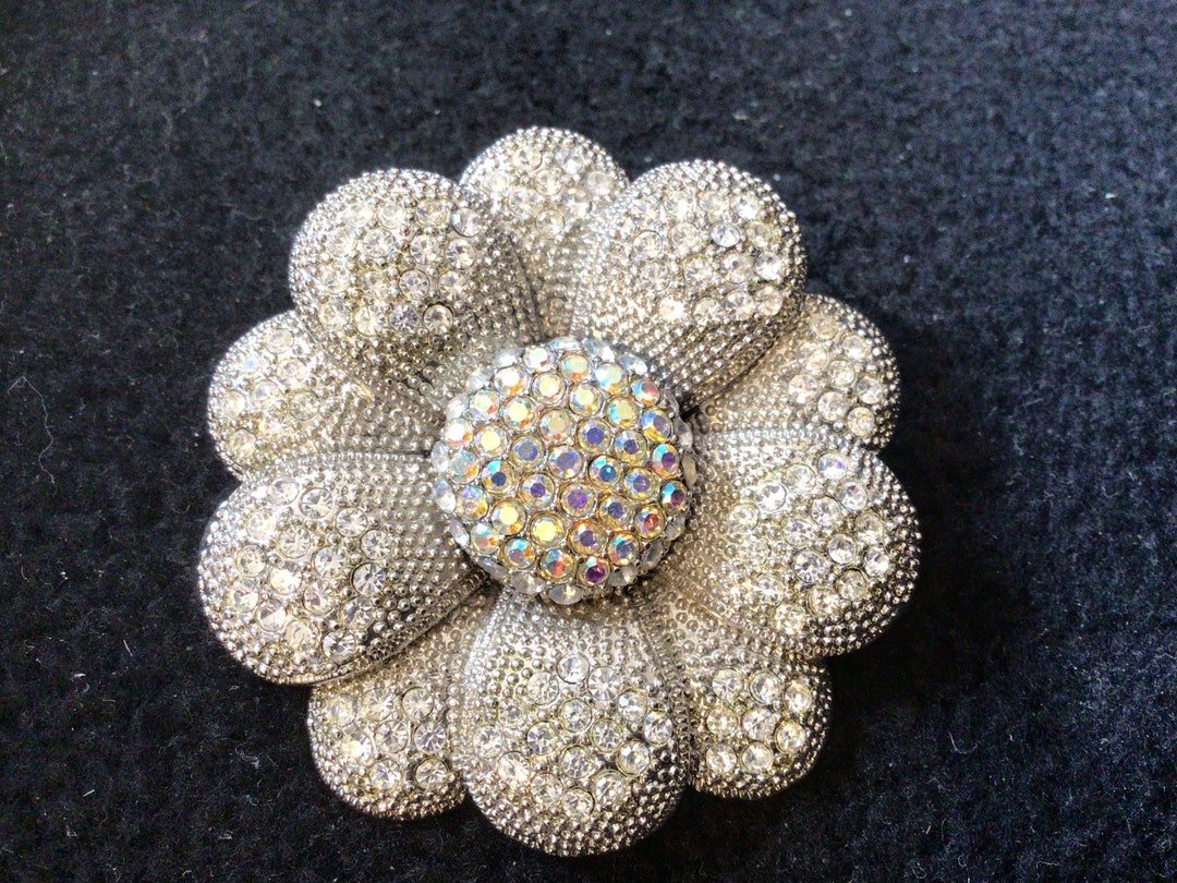 Huge Sparkly 1960s Labelle Signed Flower Brooch Crystal Diamanté Aurora ...