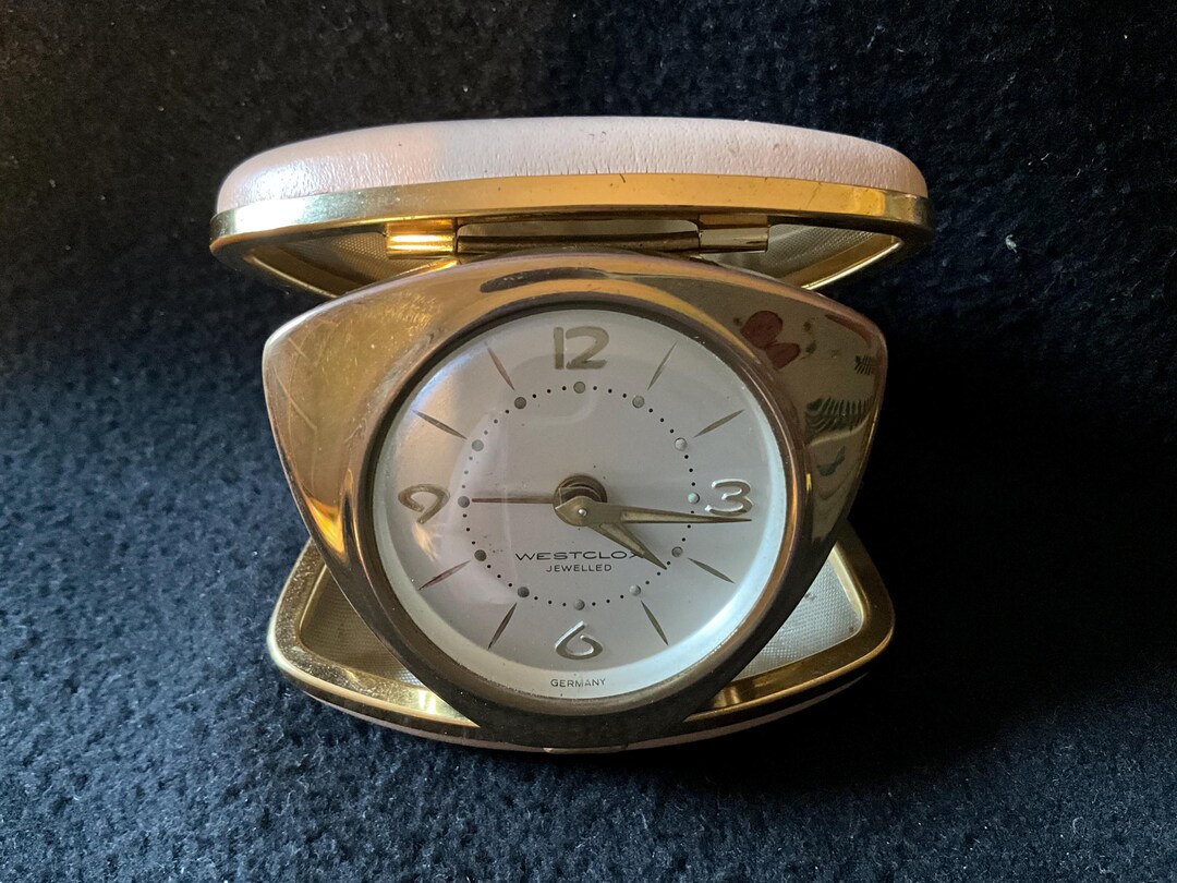 1960s Westclox Clam Shell Travel Alarm in Pale Pink Calfskin German ...