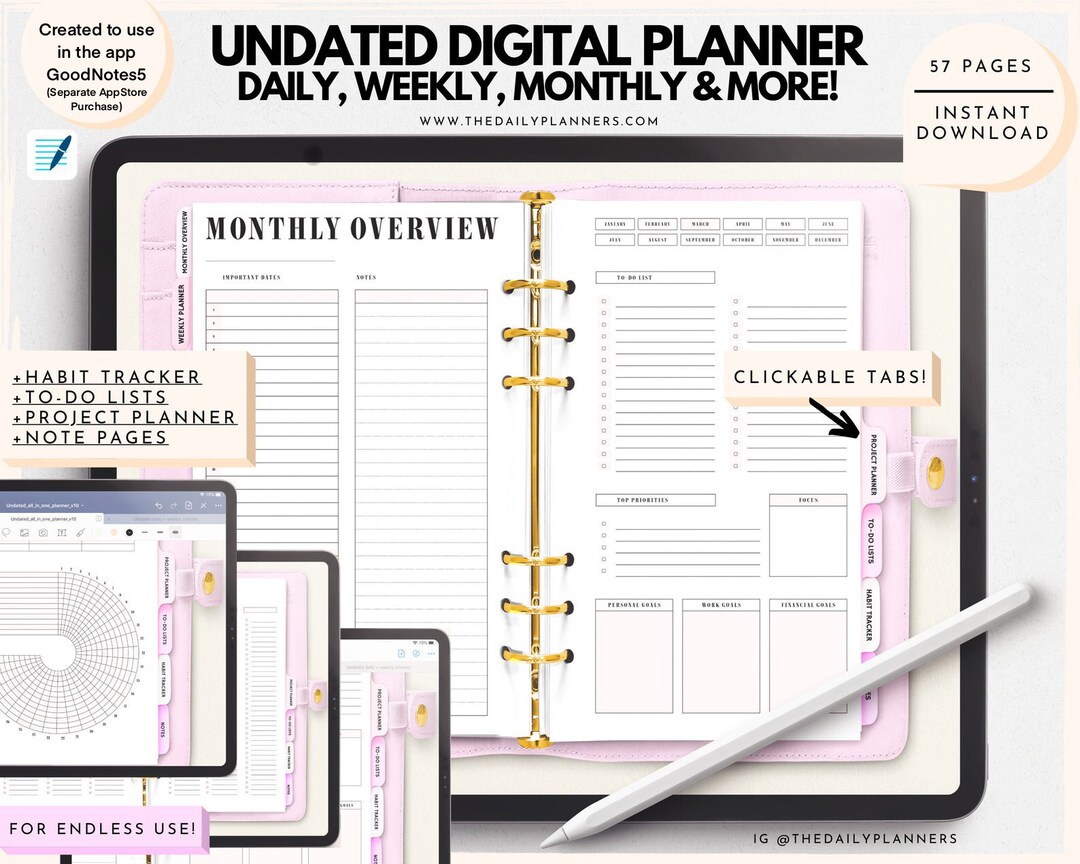 Pink Undated Digital Planner: Daily, Weekly, Monthly (PDF) - Etsy