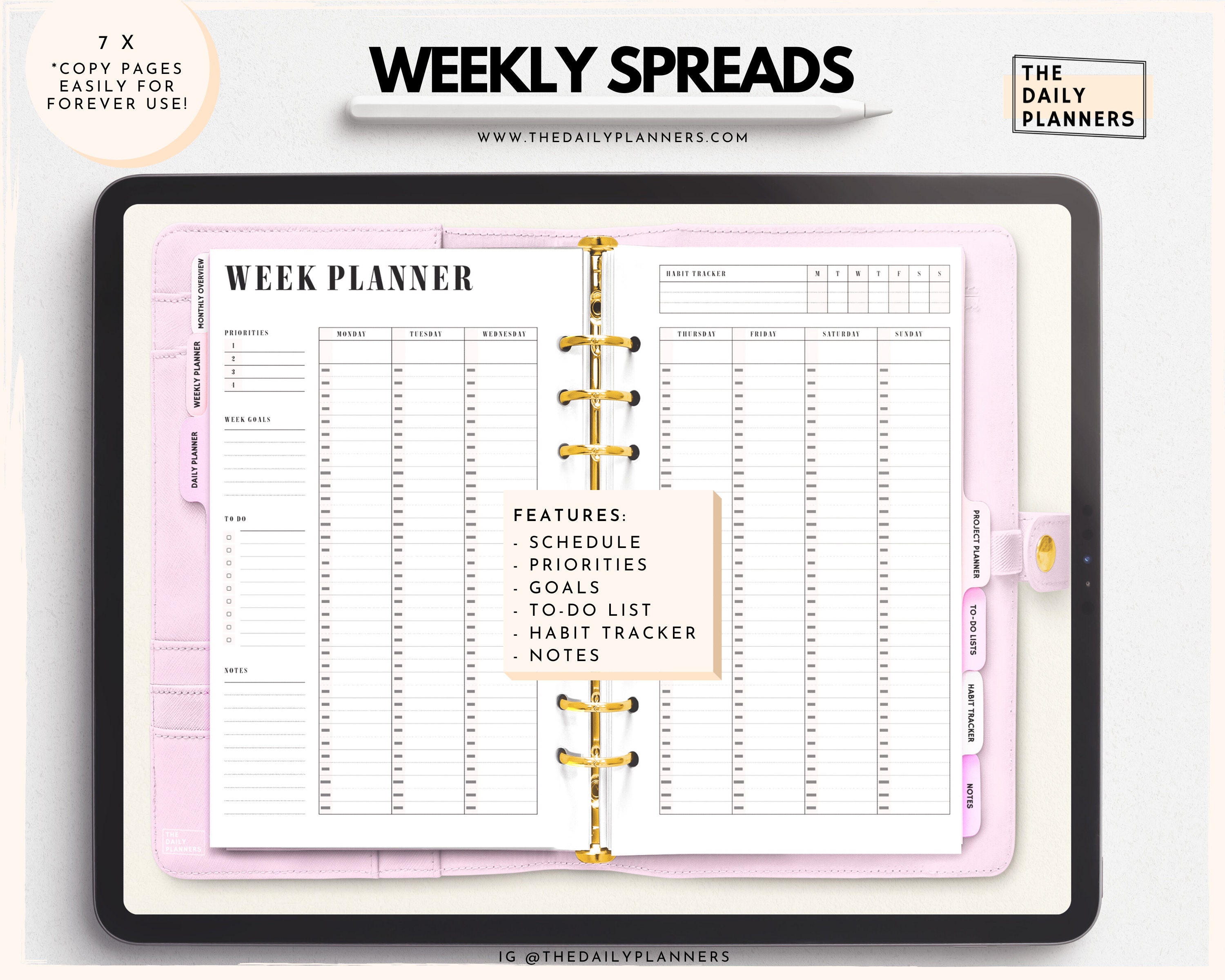 Pink Undated Digital Planner: Daily, Weekly, Monthly (PDF) - Etsy