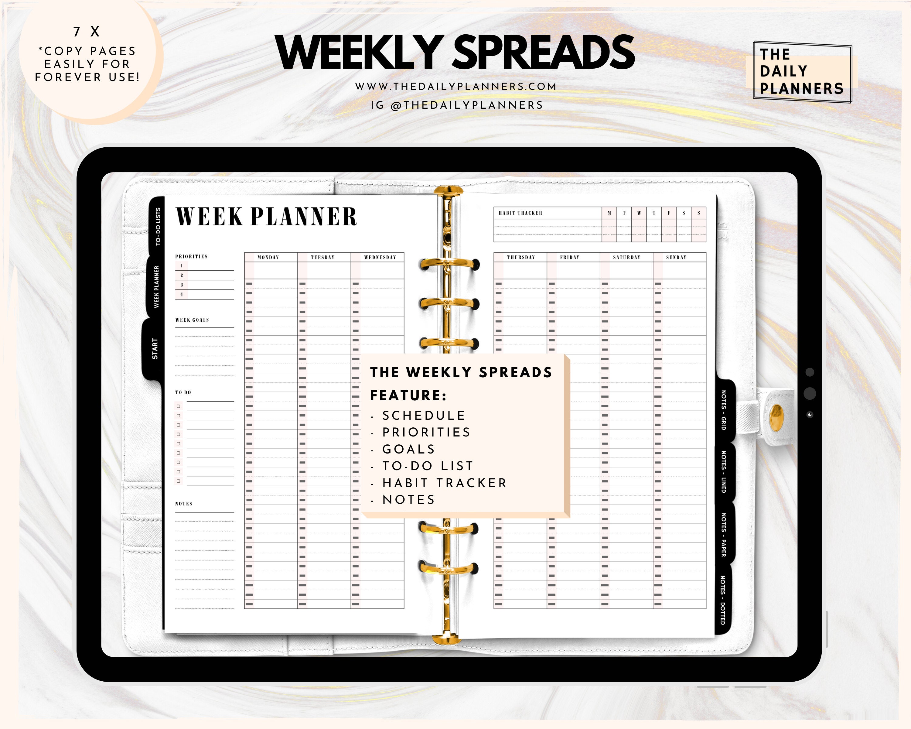 Weekly_undated Digital Planner white Planner to Do Lists | Etsy