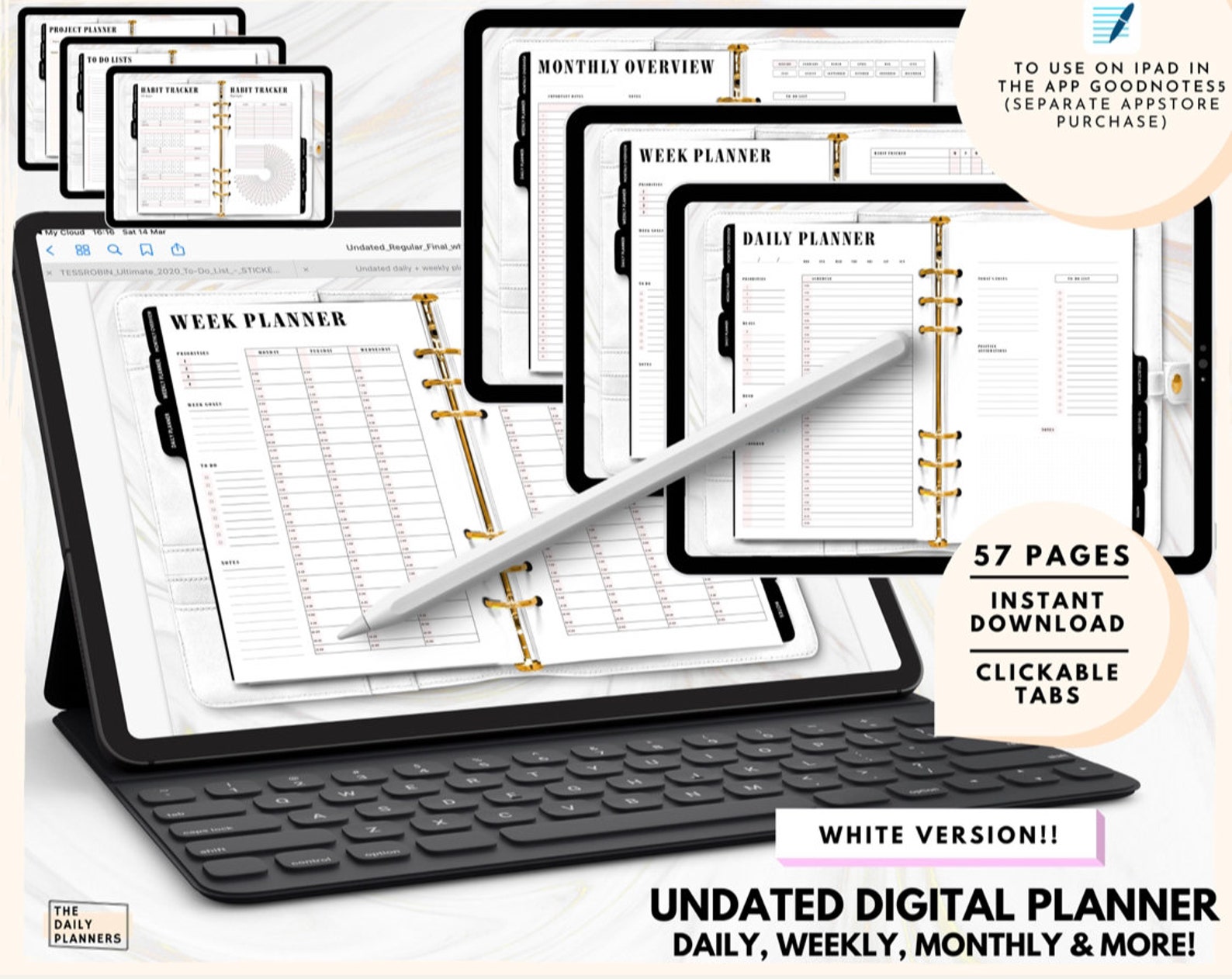Undated Digital Planner regular White Daily Weekly - Etsy