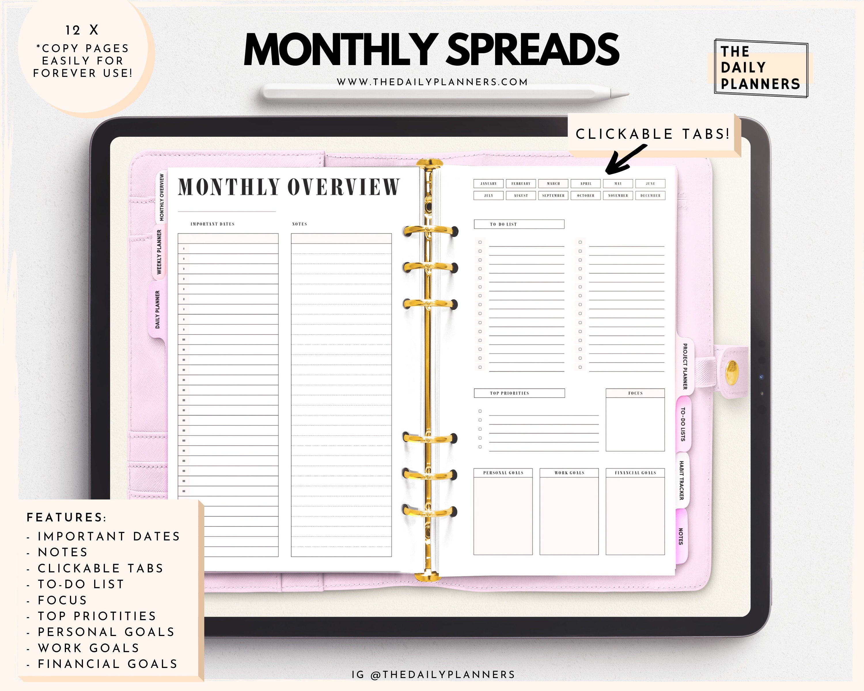 Pink Undated Digital Planner: Daily, Weekly, Monthly (PDF) - Etsy