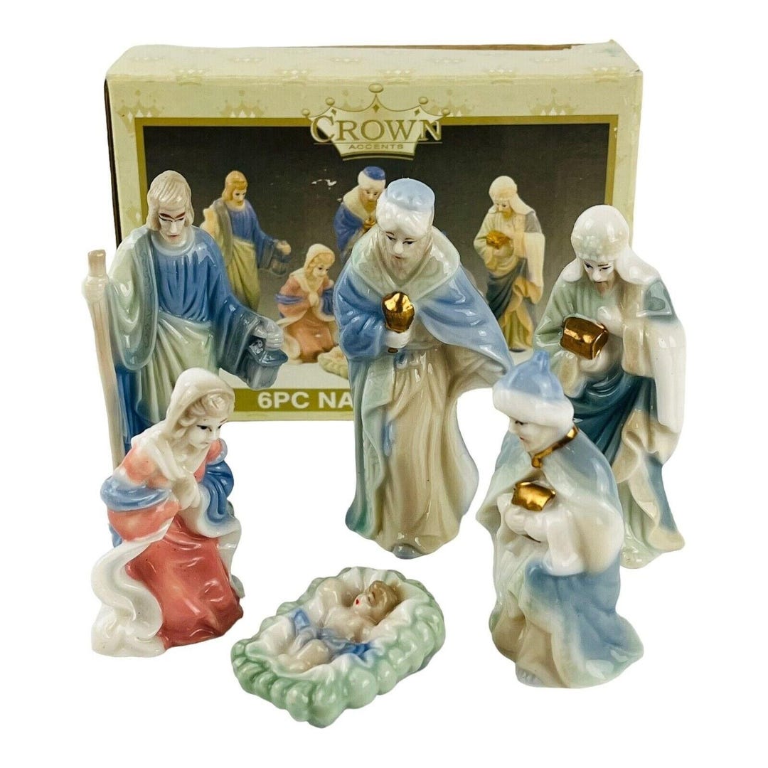 Crown Accents Christmas Nativity Set Blue and White Porcelain 6 Pieces ...