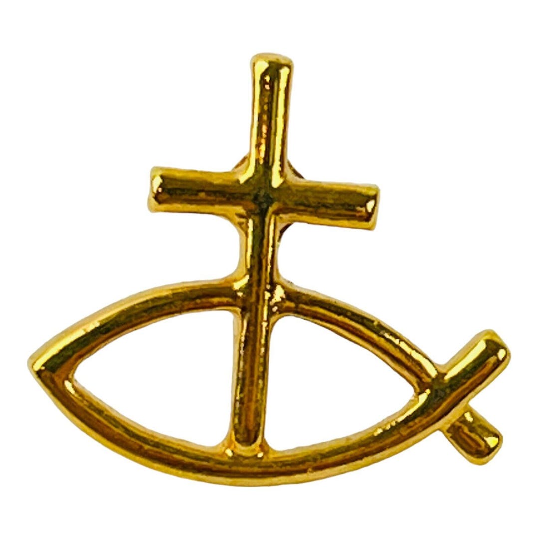 Vintage Cross Ichthus Fish Christian Lapel Hat Pin Religious Gift Gold ...