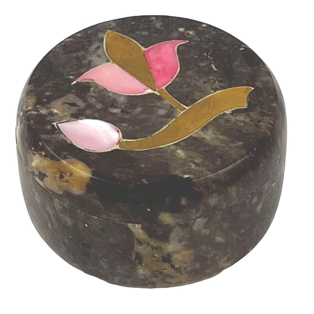 Soapstone Trinket Box Pink Abalone Shell and Brass Floral - Etsy