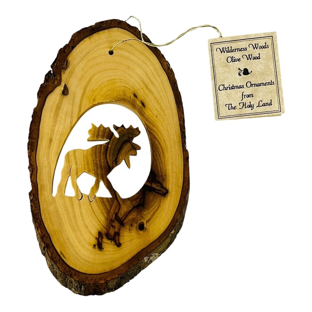 Vintage Holy Land Hand Carved Olive Wood Moose Christmas Ornament 1984 ...