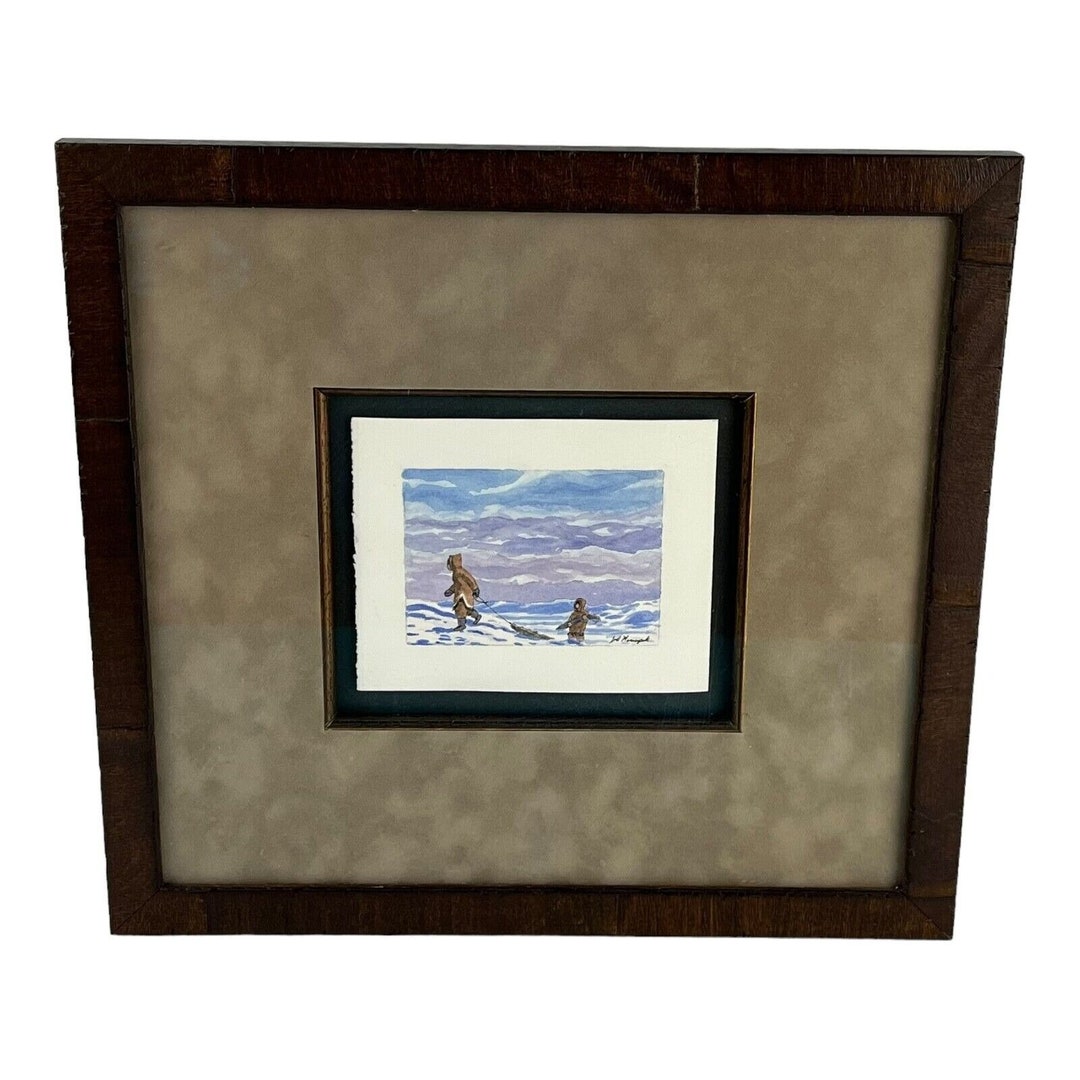 Original Inuit Art Miniature Watercolor Painting Signed Framed 12 X 11 ...