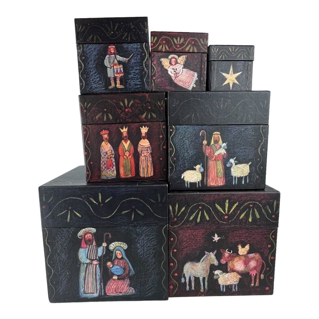 Bob's Boxes Primitive Colors Nativity Set of 7 Nesting Christmas Boxes ...