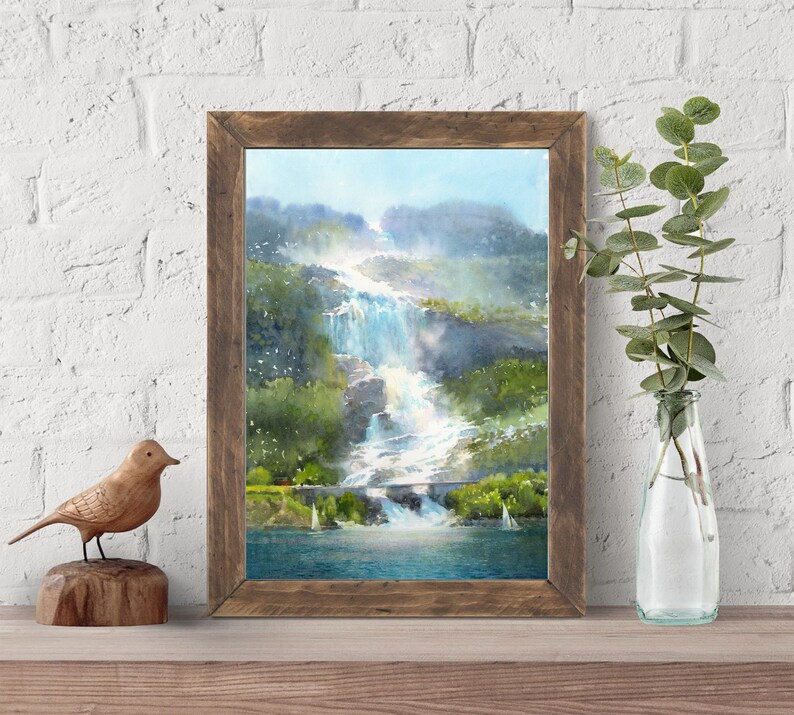 Waterfall Art Print. Langfossen Waterfall Norwagian Art. - Etsy