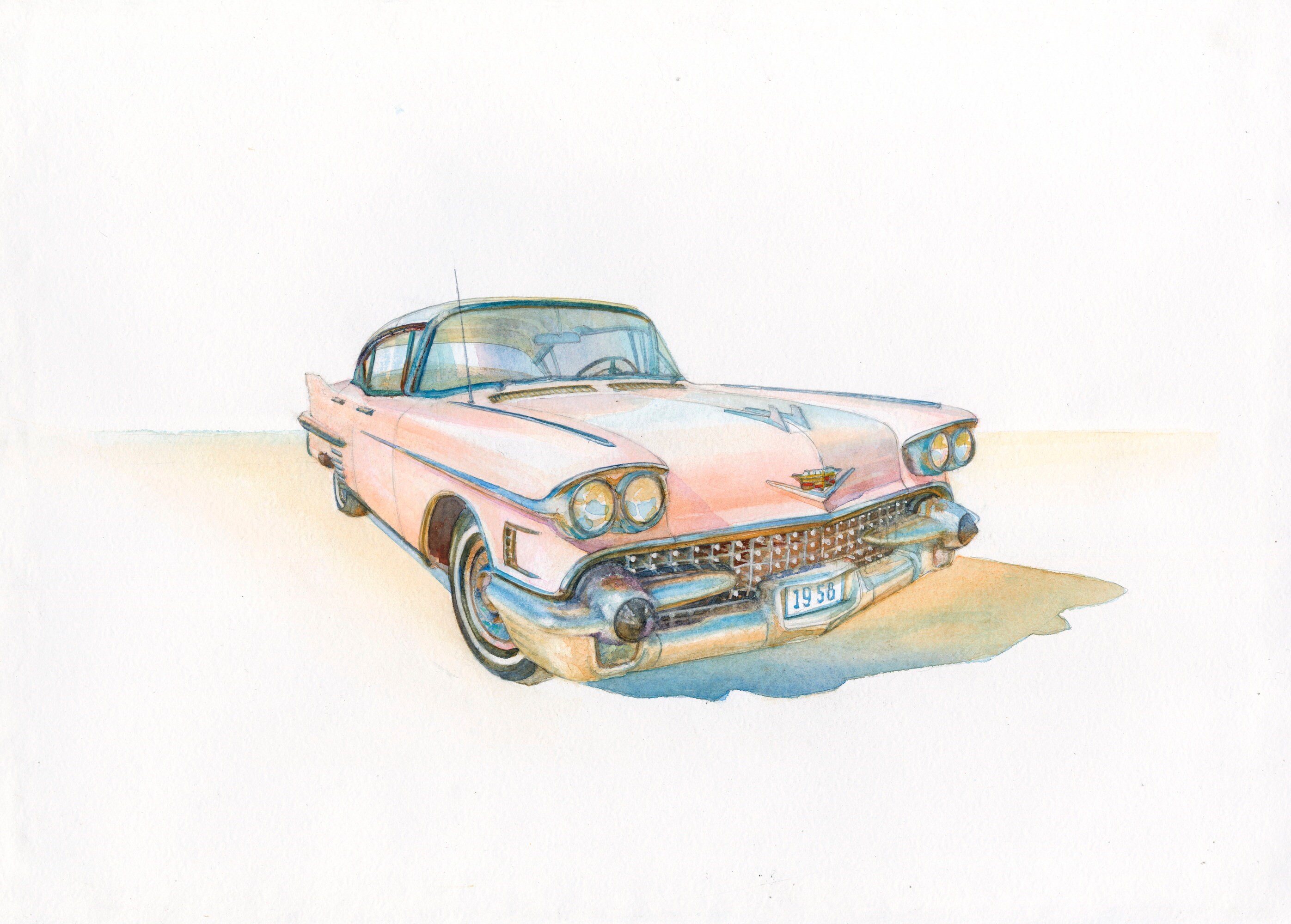 Pink Cadillac Art Print From an Original Watercolor by OVS. - Etsy