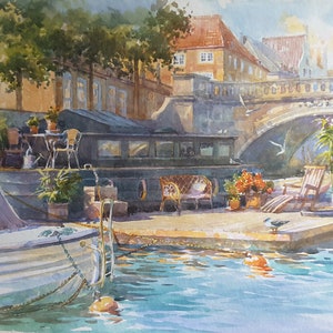 Copenhagen Houseboat Watercolor Painting: Denmark Art Print - Etsy