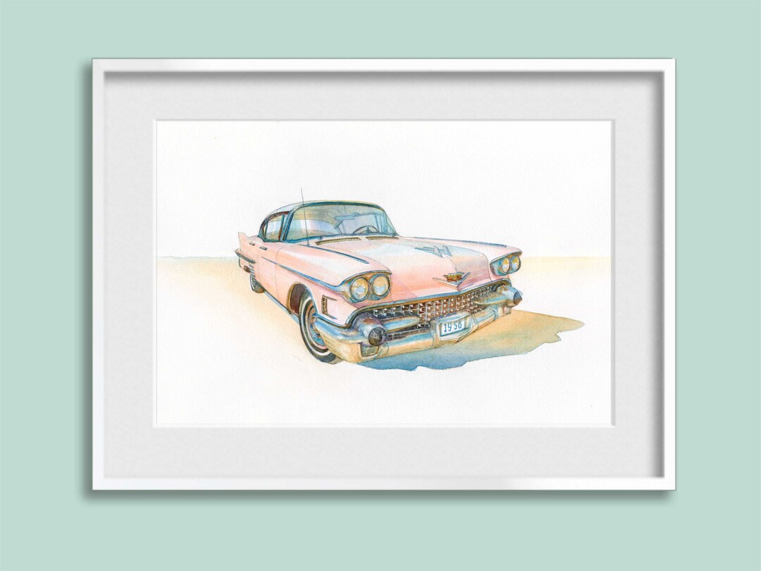 Pink Cadillac Art Print From an Original Watercolor by OVS. Retro Car ...
